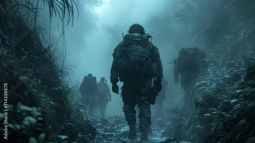 Special ops mercenary in the jungle, soldier and sniper, faces rain and ...
