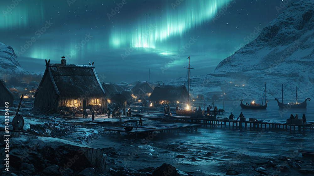 Viking settlement in Greenland, showing turf houses, a small dock with ...