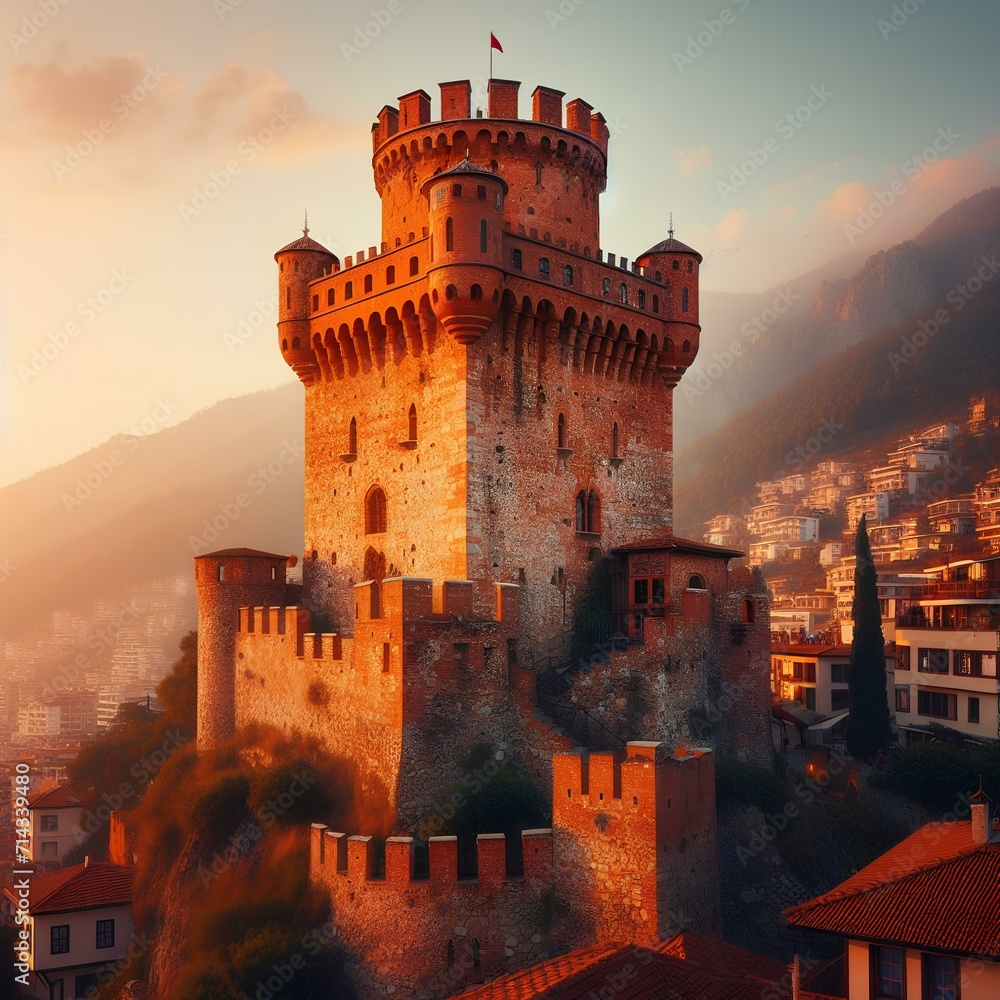 Upper part of the historical Red Tower Kizil Kule, in Alanya Castle ...