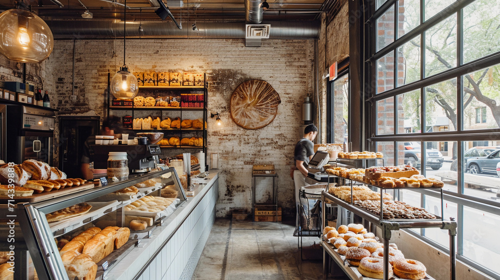 bakery with exposed brick walls, sourdough breads and eclairs on metal ...
