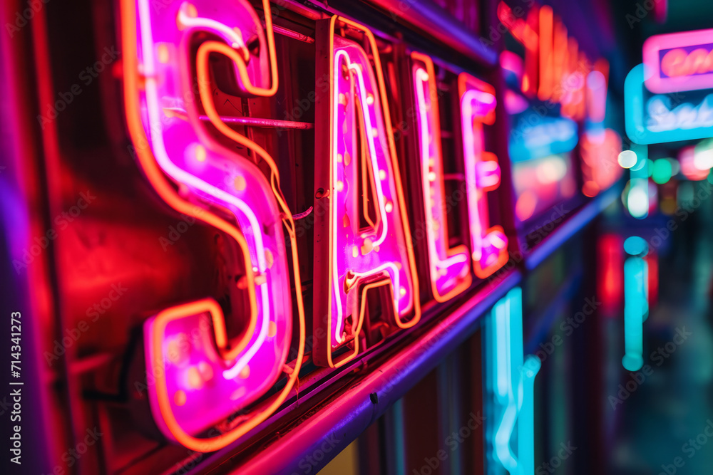 Neon glowing Sale sign. Bright illuminated banner for shopping ...