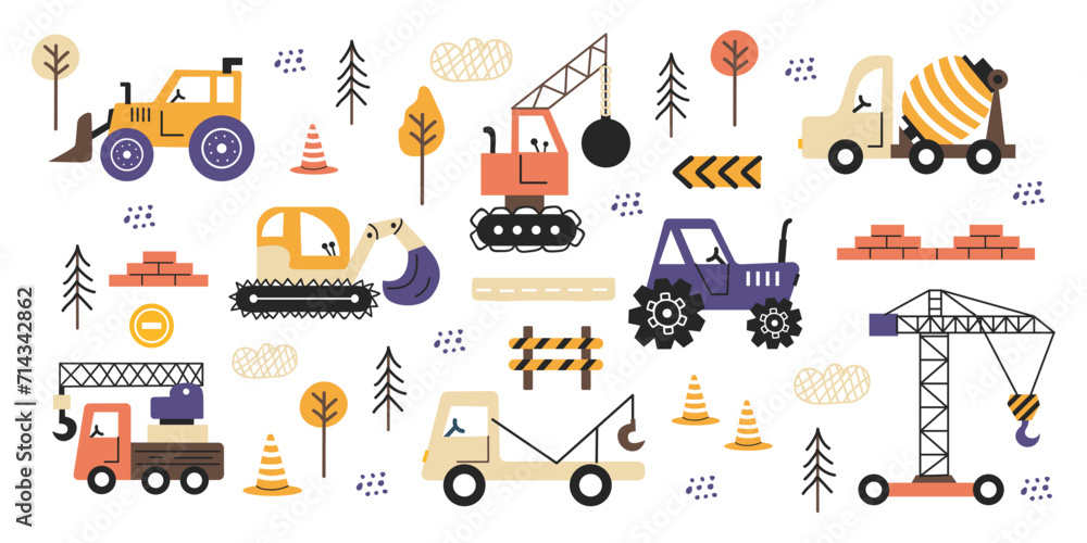 Large vector set of cute cars, road signs. Hand drawn diggers - tractor ...
