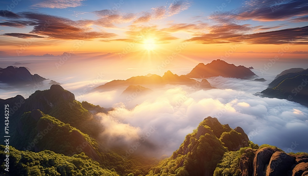 View of the sea of clouds from the top of the mountain peak. Tropical ...