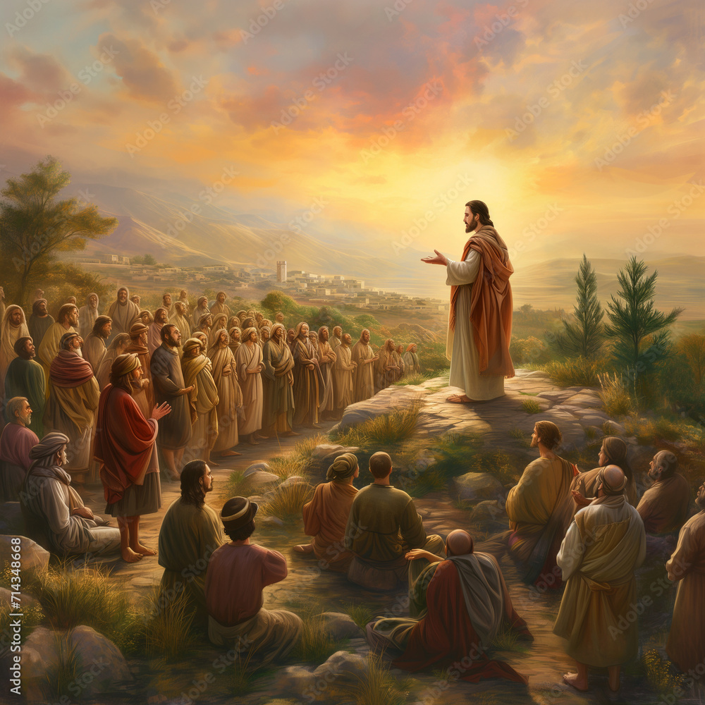 Jesus Christ stands in front of a large crowd and radiates divine aura ...
