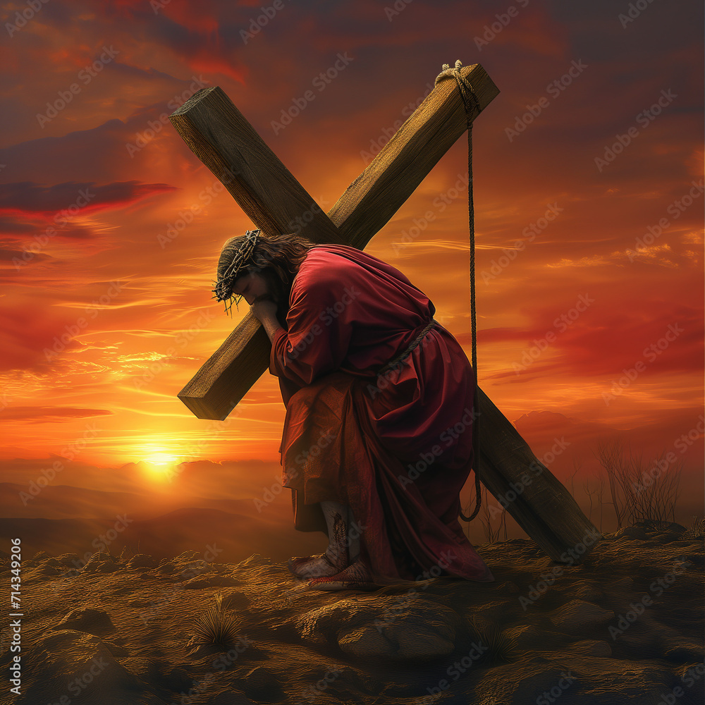 Jesus carries the cross in an image of deep devotion and physical ...