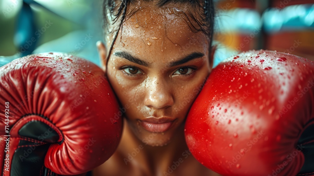 Female boxer with a determined stare, red boxing gloves on, focused and ...