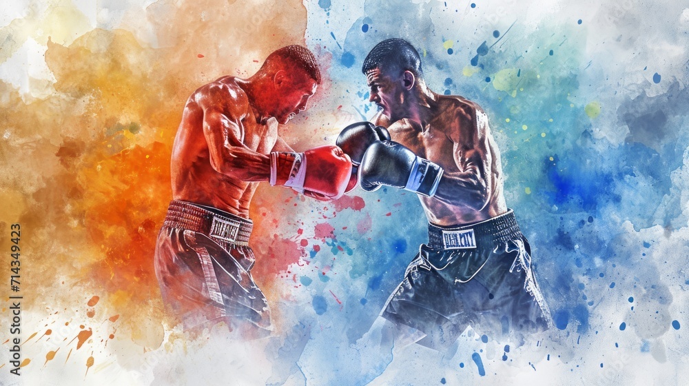 Dynamic watercolor artwork of male boxers in action, a blend of sport ...