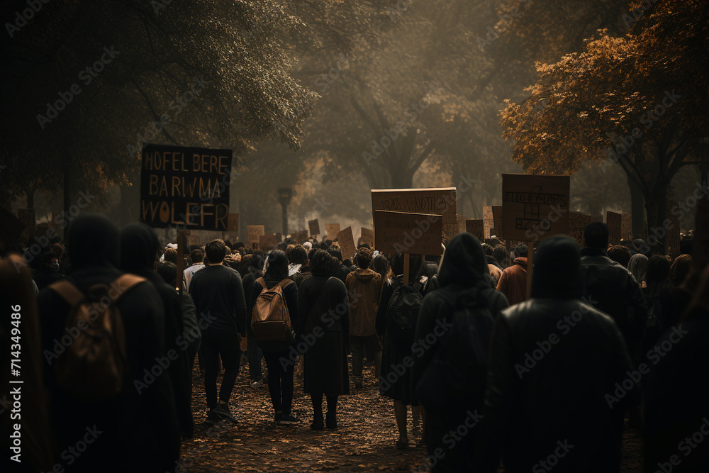 protest march people with placards and posters Arms raised air fighting ...