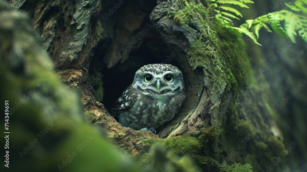a small owl sitting inside of a hollow in a mossy tree with a fern ...