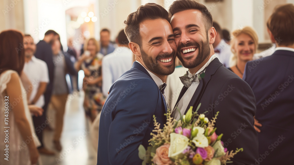 A same-sex couple beams with happiness on their wedding day. Both are ...