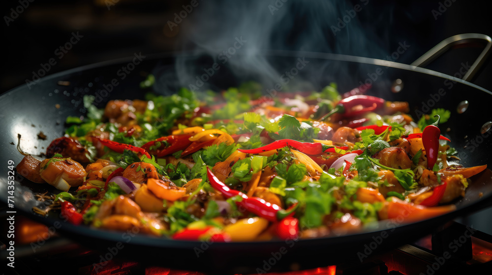 A captivating close-up photograph of a sizzling stir-fry in progress ...