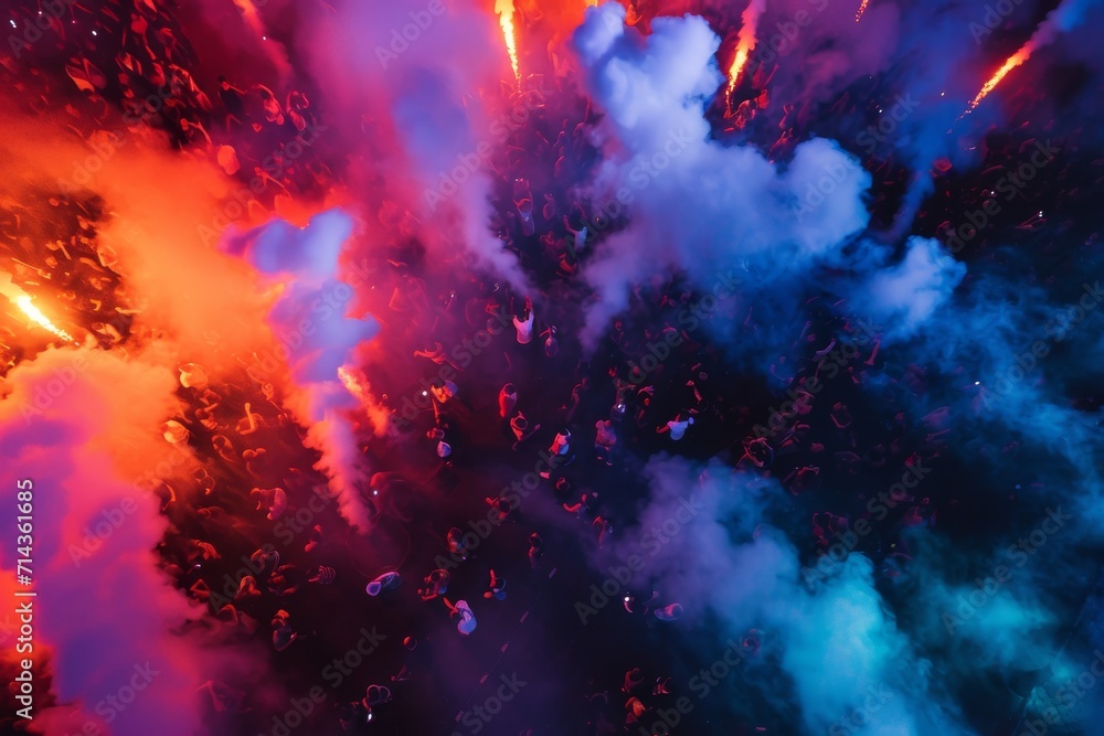 A dazzling display of vibrant fireworks illuminating the smoky sky, as ...