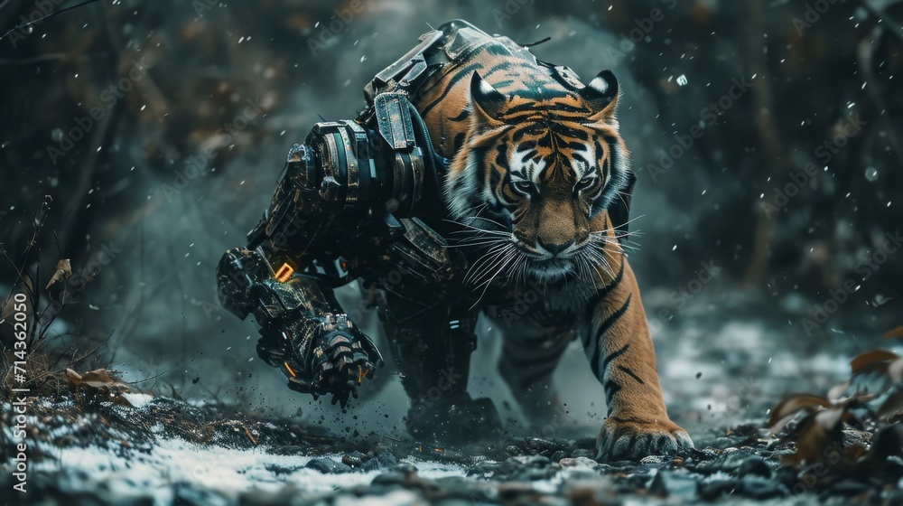 A majestic bengal tiger dons a futuristic robot suit, sprinting through ...
