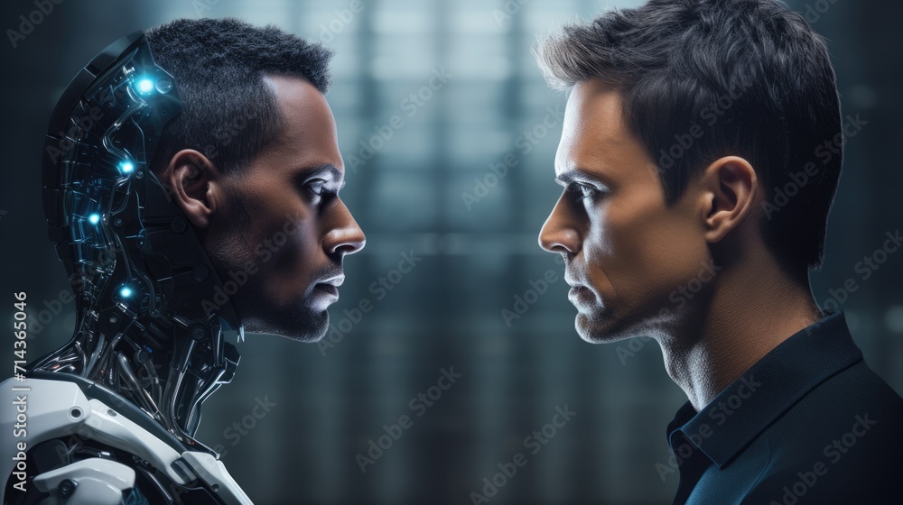 Artificial intelligence android and male human look at each other ...