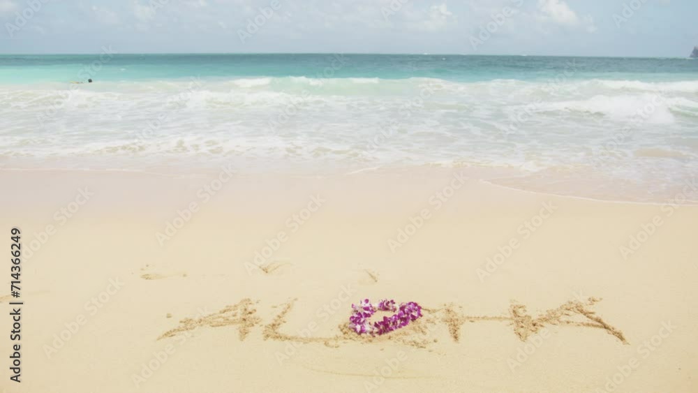 Vidéo Stock ALOHA welcome message and orchid flower lei washed by ocean ...