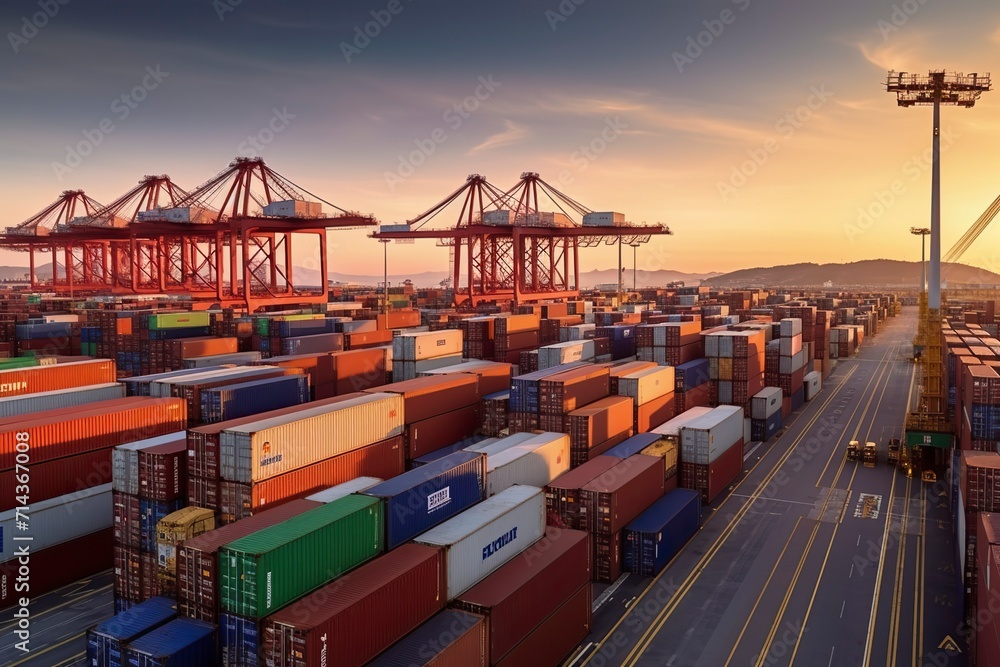 Rows of cargo containers rest top massive container Port Stock ...