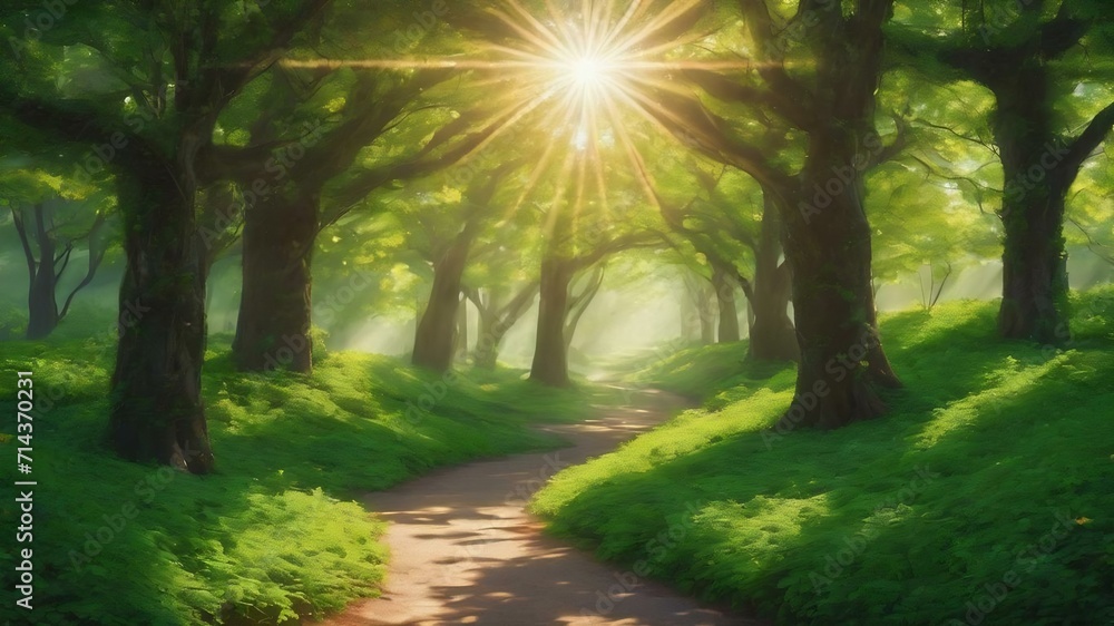 Pathway in the middle of the green leafed trees with the sun shining ...