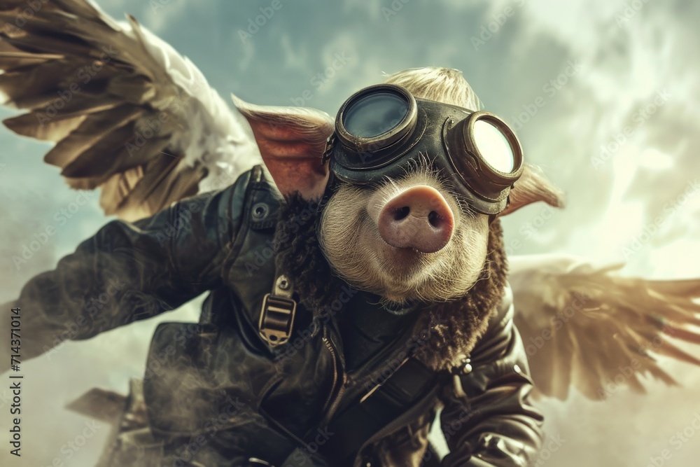 A brave pig, donning a gas mask, takes flight as a daring pilot ...