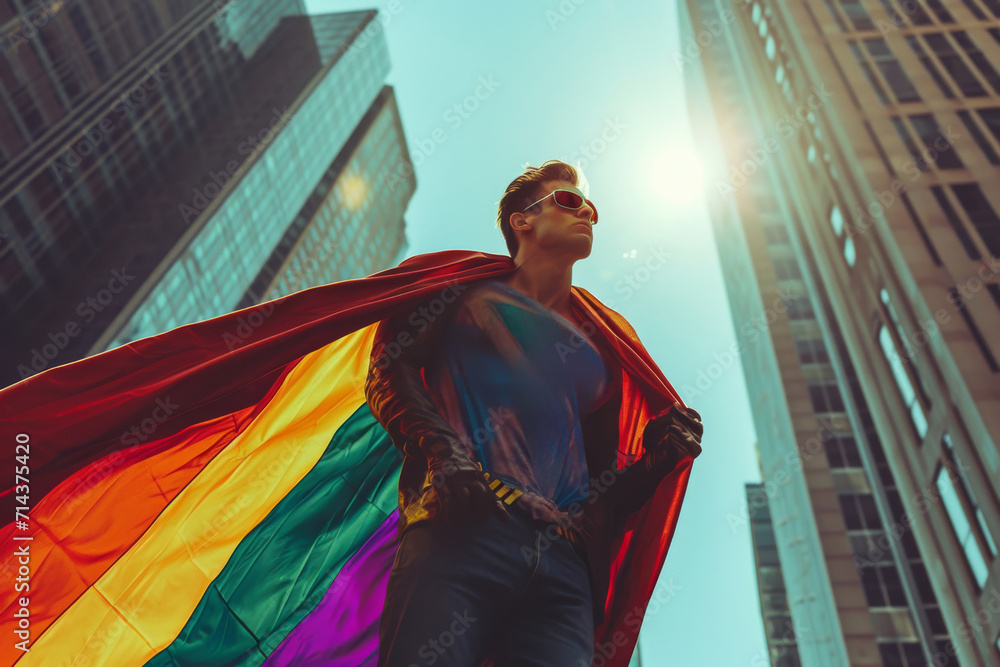 Superhero proudly stands with the LGBTQ flag, serving as a guardian and ...