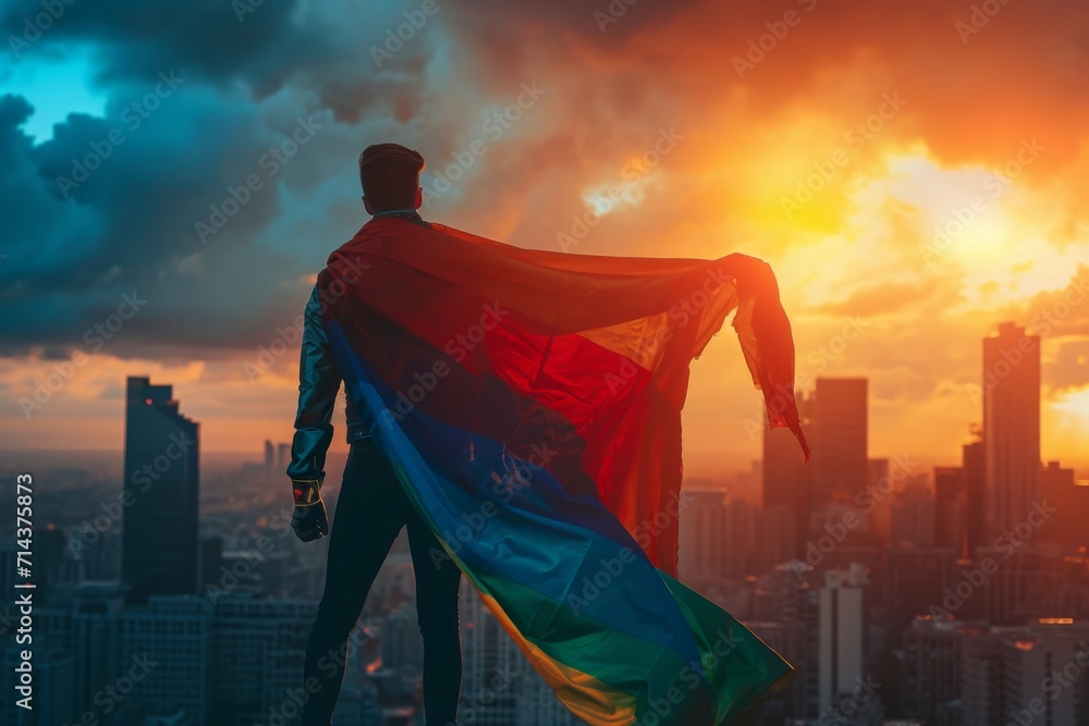 A daring man stands tall on a skyscraper rooftop, his rainbow cape ...
