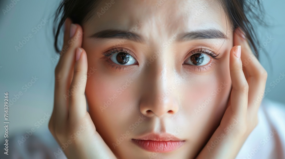 Bored, insomnia asian young woman, girl looking at camera, hand ...
