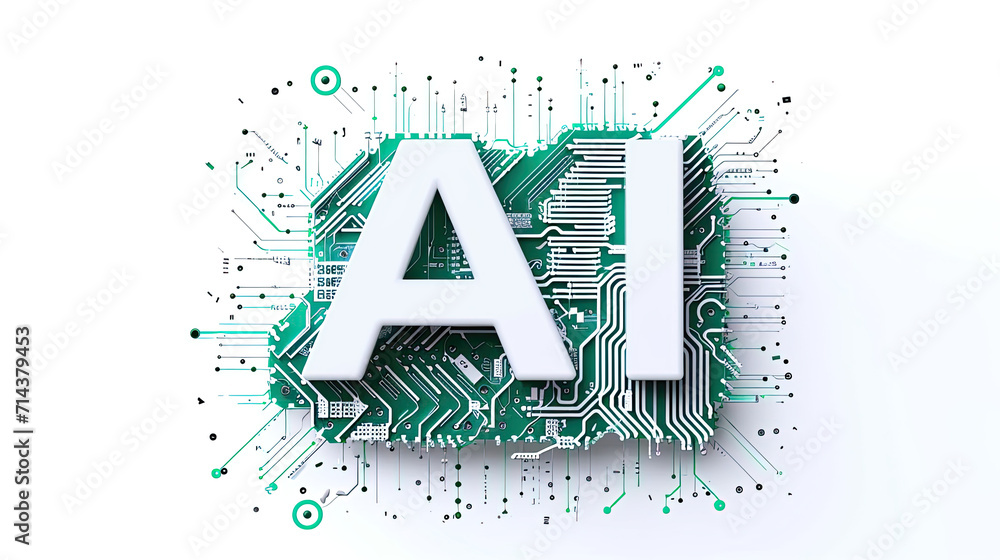 AI text in bold white font on a green circuit board over white ...