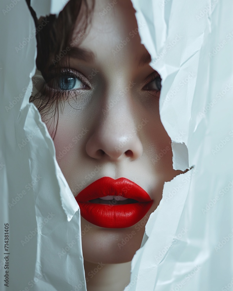 A close up of a girl face behind a torn up crumple paper, red hot open ...