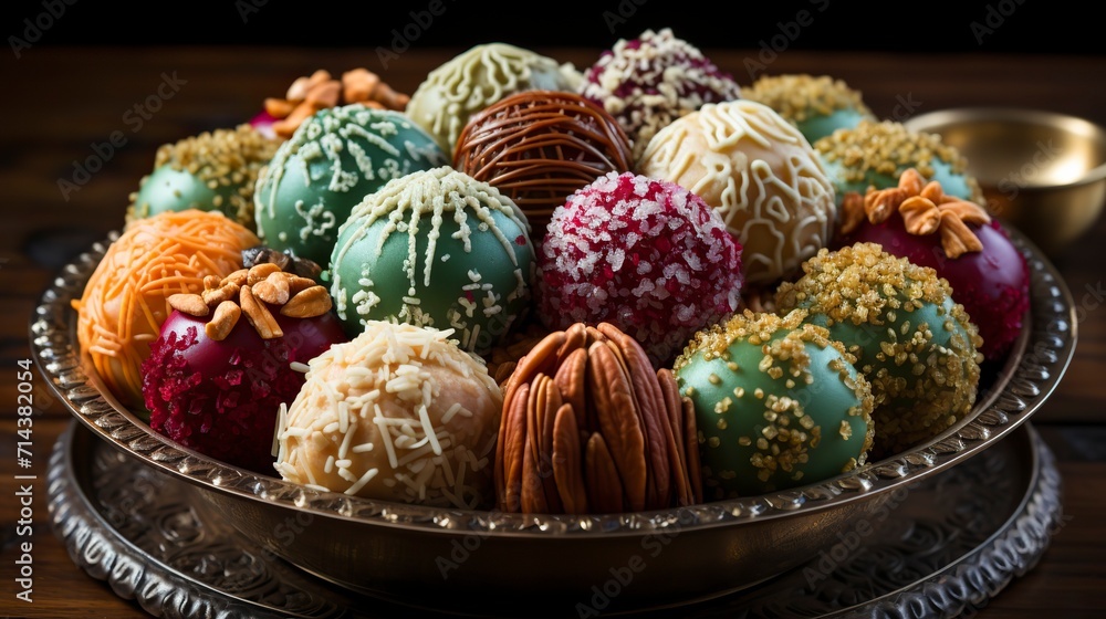indian sweets in a plate includes gulab jamun, rasgulla, kaju katli ...