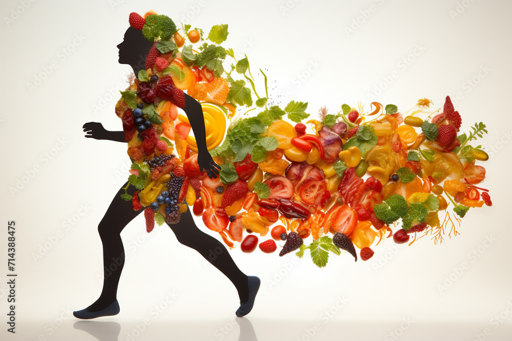 Healthy eating concept. Silhouette of a woman with fruits and ...