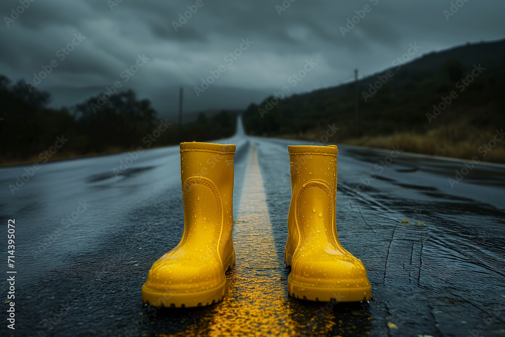 Yellow wellies on a road during a storm. climate. the weather forecast ...