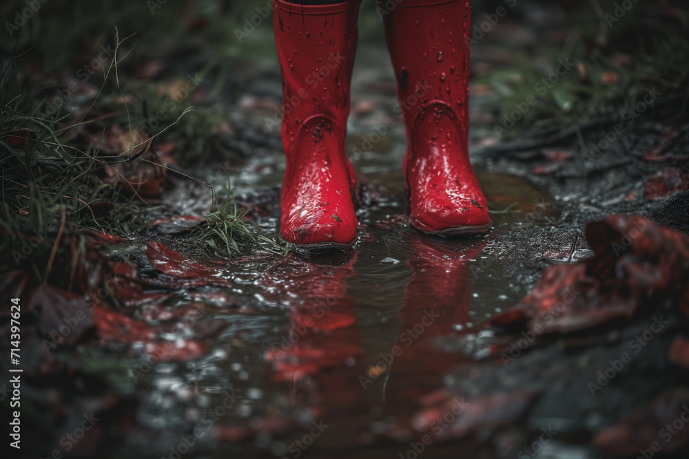 red wellies in a forest during a storm. autumn storms. winter. concept ...