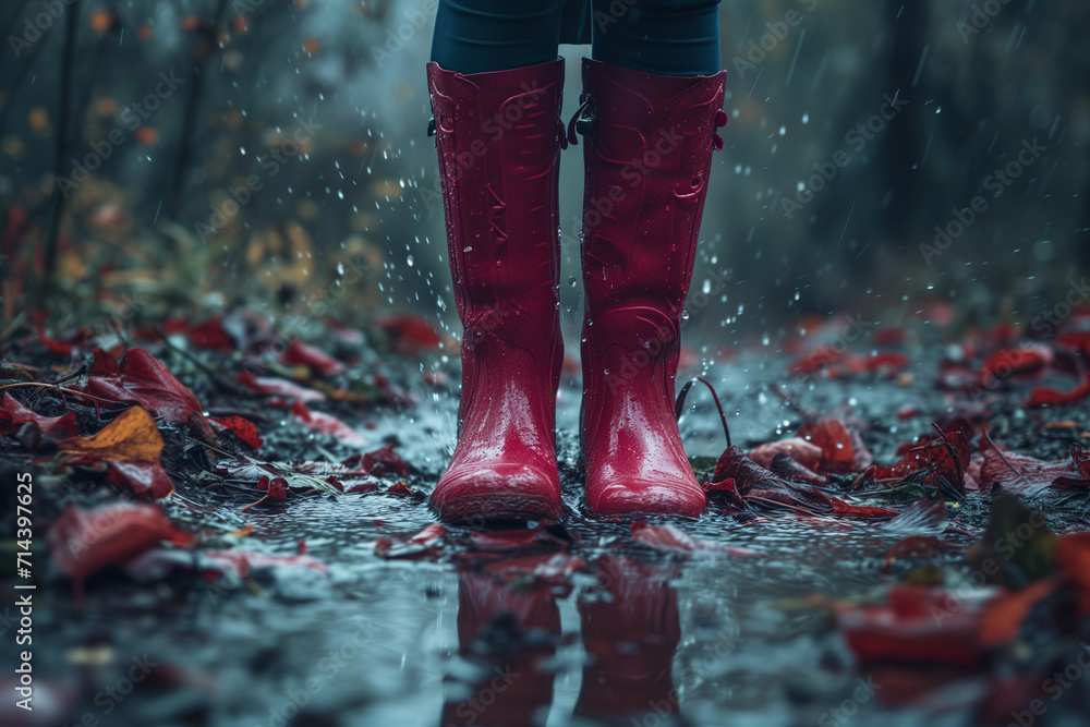 red wellies in a forest during a storm. autumn storms. winter. concept ...