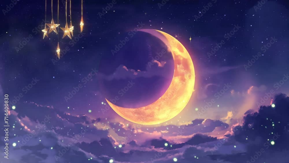 Beautiful crescent moon with shooting stars on anime style. Can use for ...