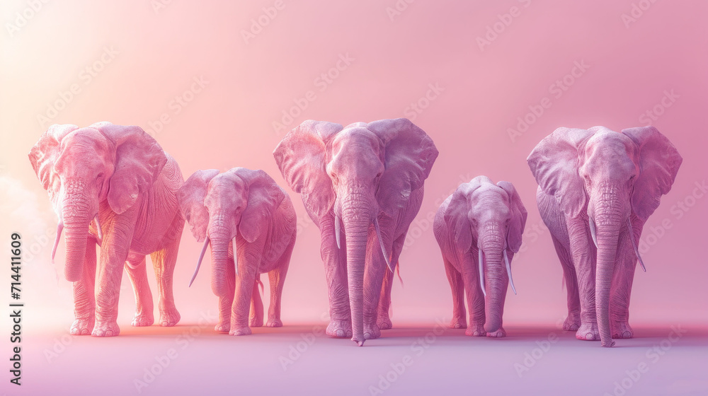 a group of elephants standing next to each other in front of a pink ...
