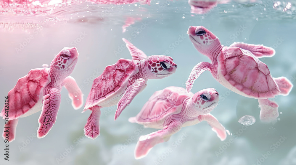 a group of pink sea turtles swimming in the blue water of a body of ...