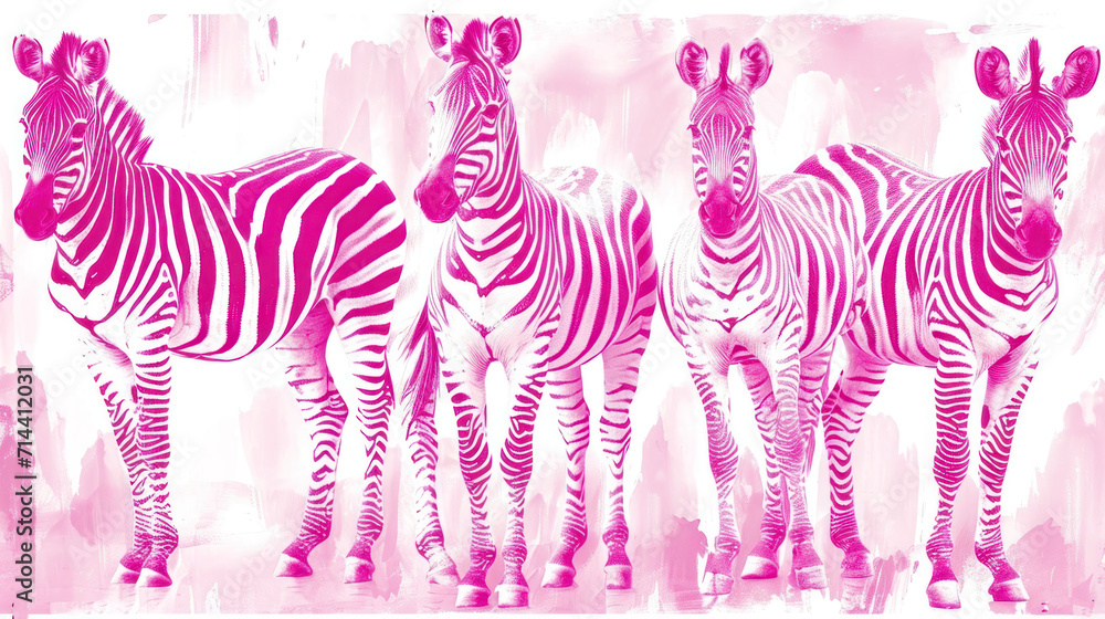 a group of three zebras standing next to each other on a pink and white ...