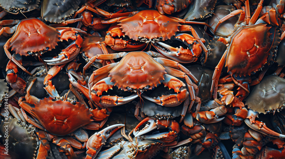a pile of red crabs sitting next to each other on top of a pile of ...
