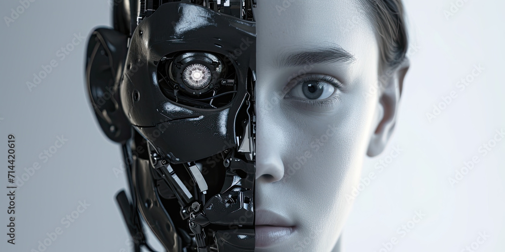 AI artificial intelligence robot head shot face with human head side ...