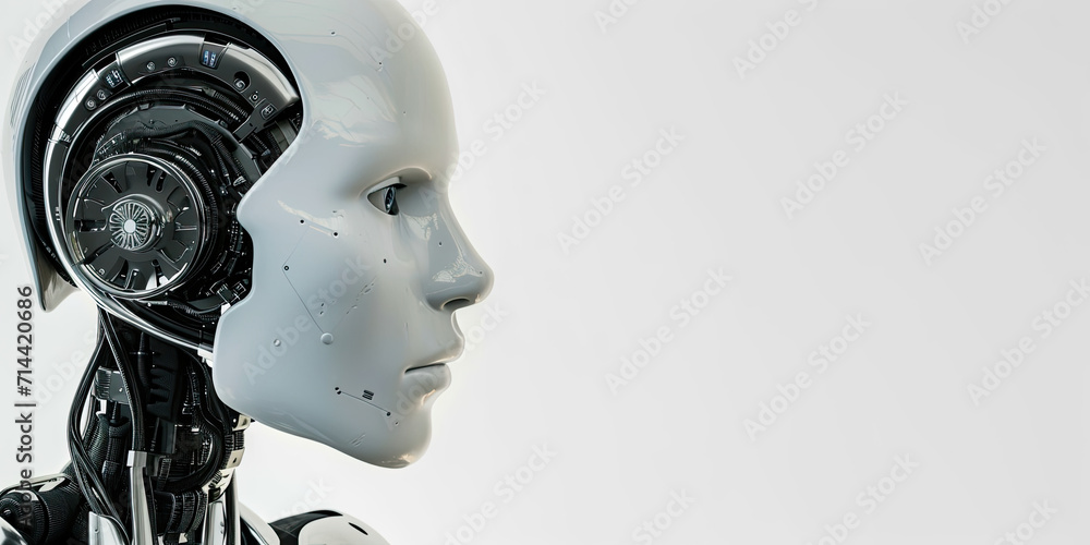 AI artificial intelligence robot head shot face with human head side ...