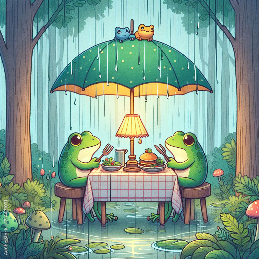 Two frogs are having dinner under the frog umbrella Ai generated art ...