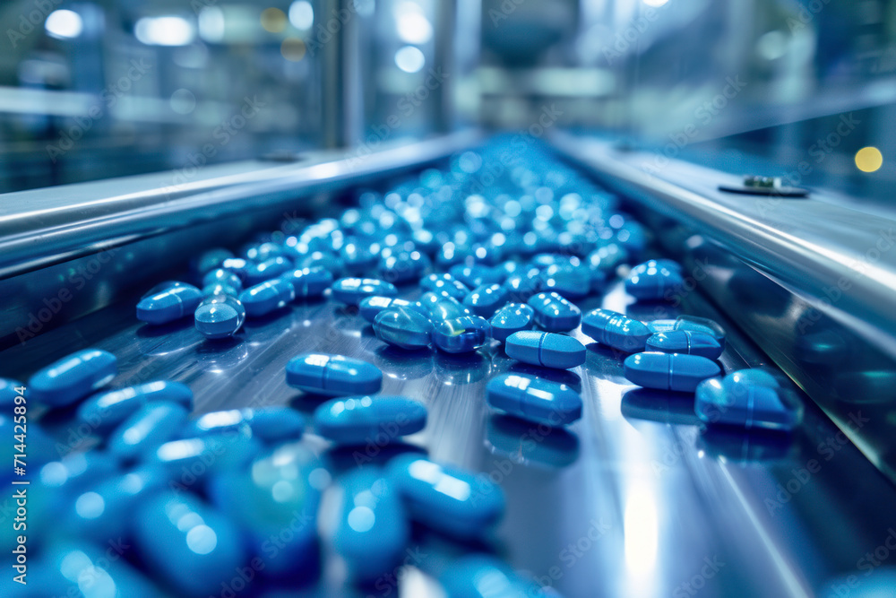 Blue Capsules are Moving on Conveyor at Modern Pharmaceutical Factory ...