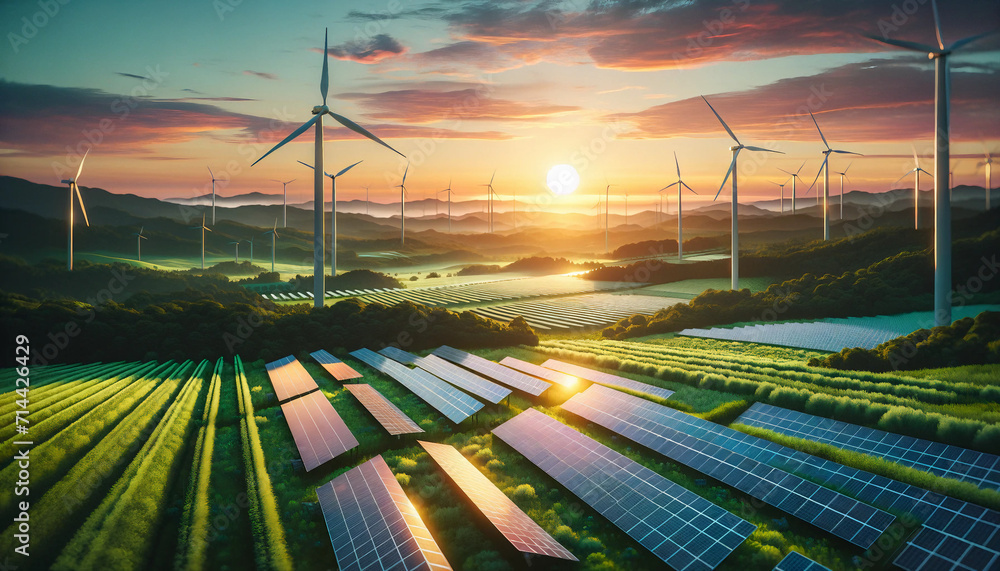 Renewable Energy Landscape at Sunrise. Sunrise view of a sustainable ...