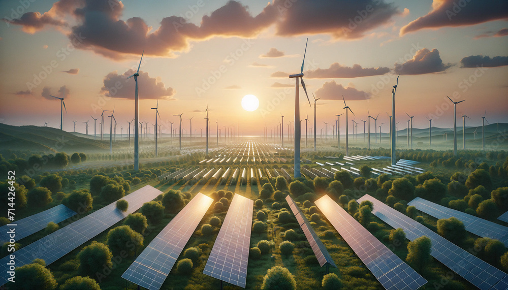 Renewable Energy Landscape at Sunrise. Sunrise view of a sustainable ...
