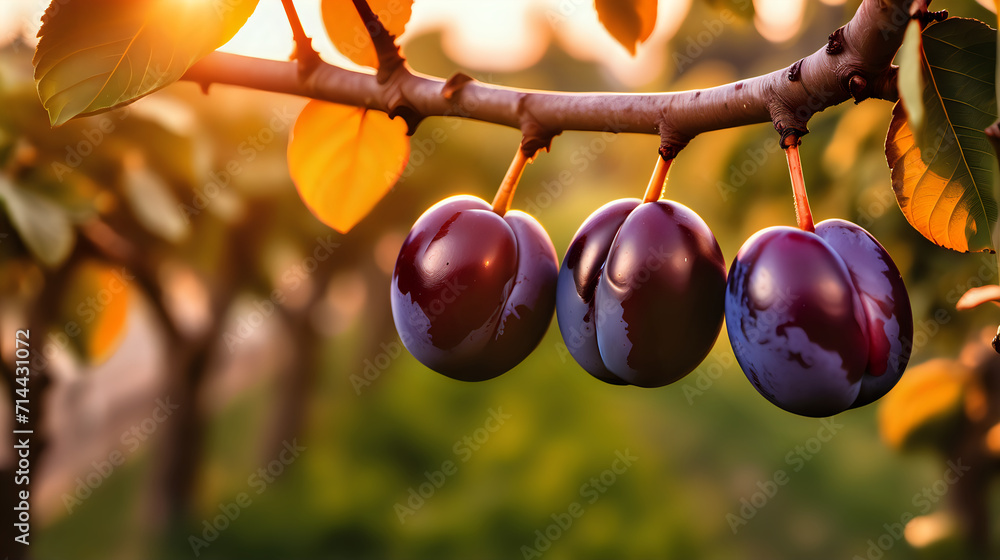 Plum tree branch in the farm with sunlight background. Generated with ...
