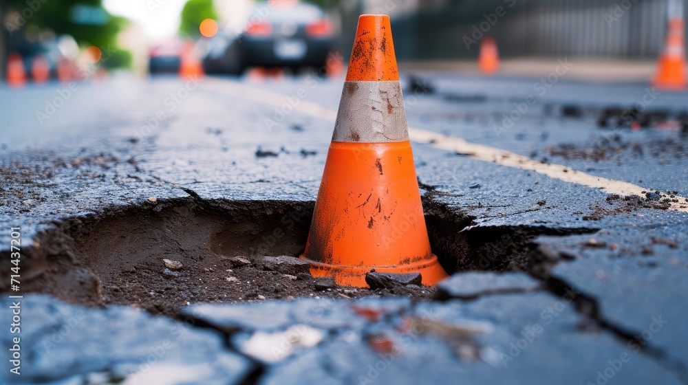 Deep sinkhole on a street city and orange traffic cone. Dangerous hole ...