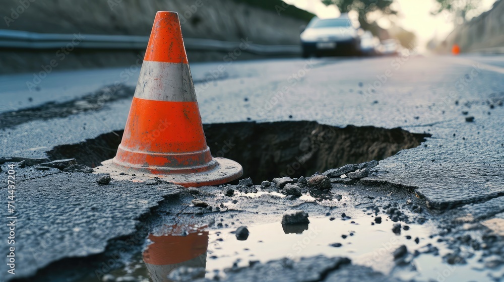 Deep sinkhole on a street city and orange traffic cone. Dangerous hole ...