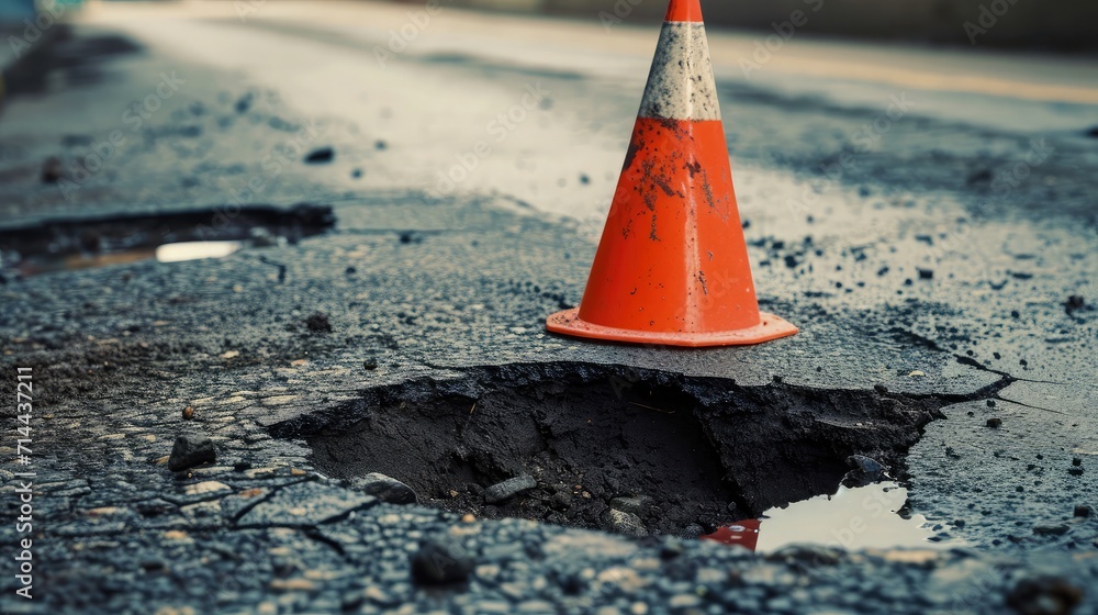 Deep sinkhole on a street city and orange traffic cone. Dangerous hole ...