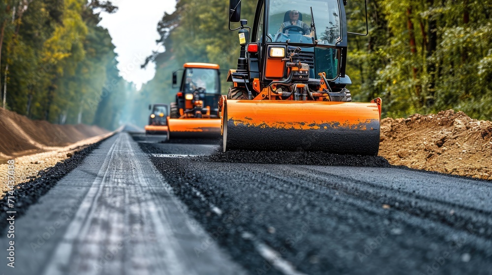 Vibratory asphalt rollers compactor compacting new asphalt pavement ...