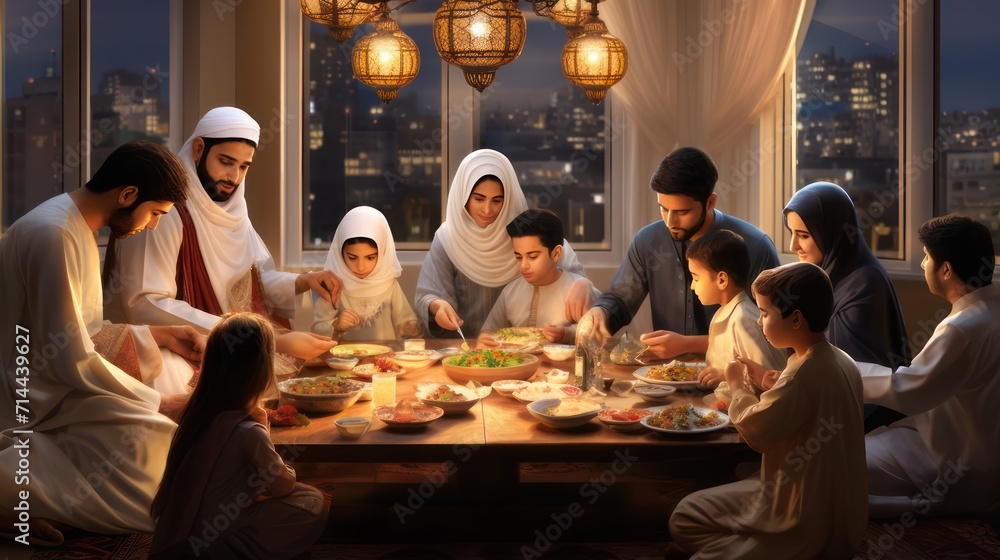 Illustration of a family gathering on the Muslim Eid al-Fitr holiday ...