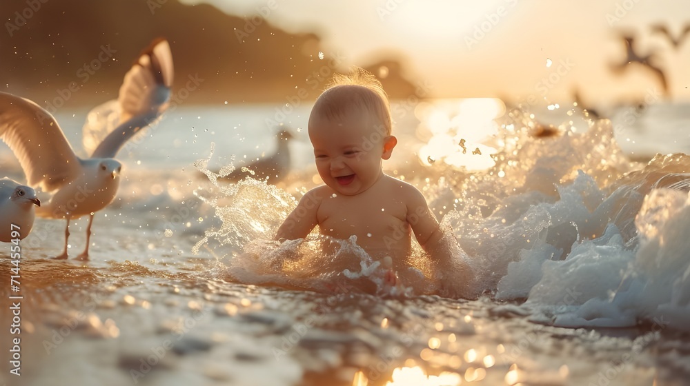 Cute adorable baby boy in diaper playing running in water with seagulls ...